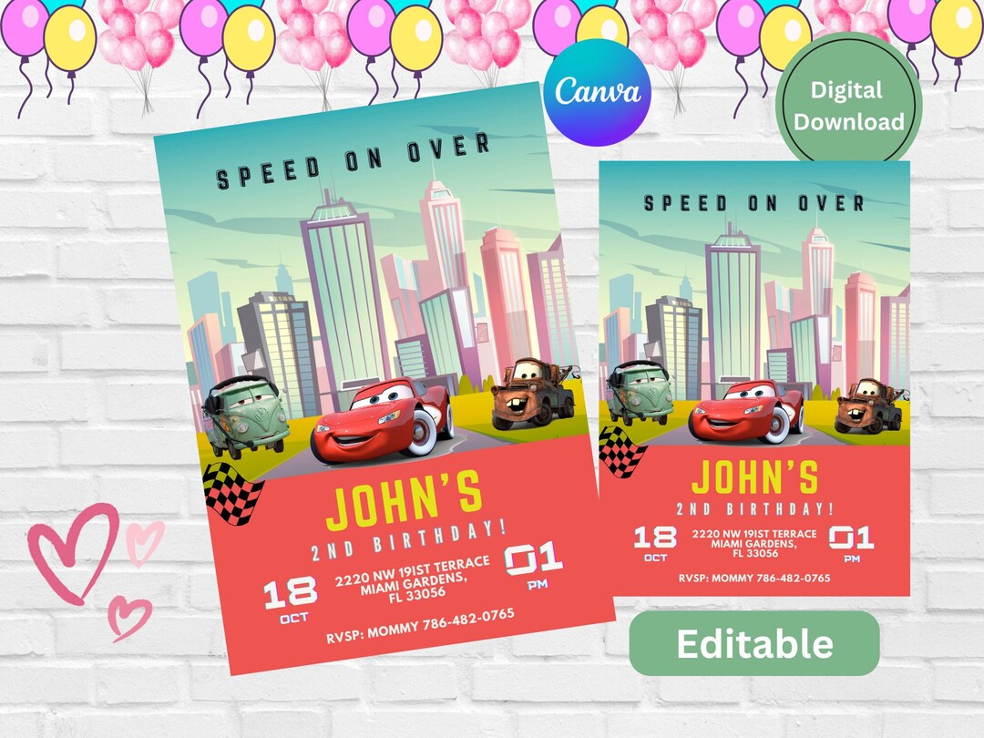 Cars Mcqueen Birthday Party Invitation, Lightening Mcqueen Birthday ...