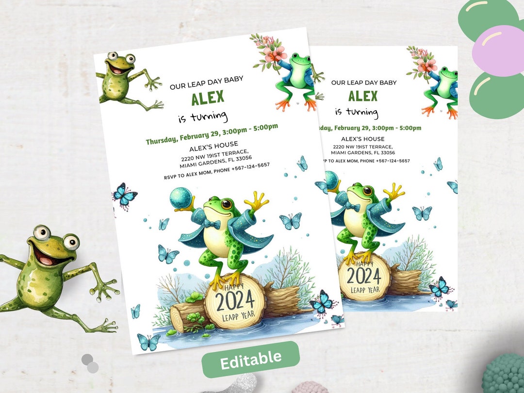 Leap Year Birthday Frog Invitation, Leap Day Party Printable, Cute Frog ...