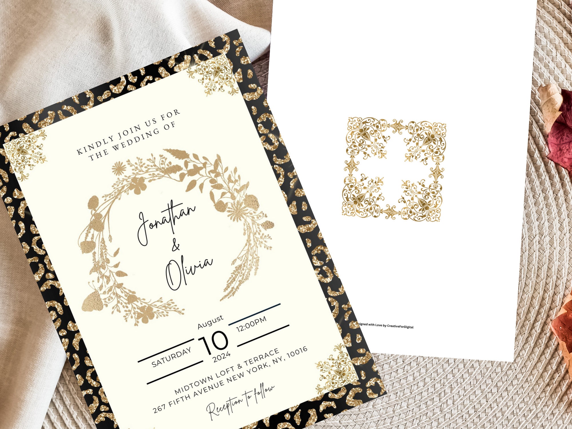 Golden Wedding Invitation Set Template, Editable Golden Invite ...