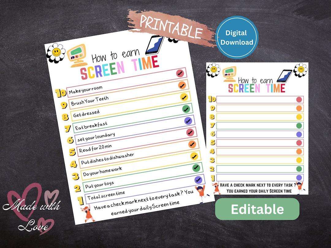 How to Earn Screen Time Colorful Activity for Kids | Chore Chart ...