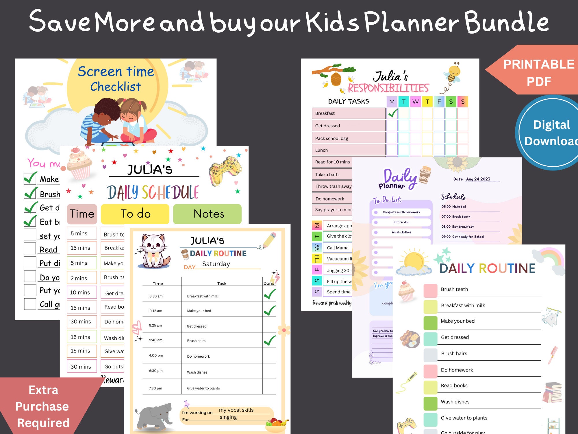 Kids Daily Planner Printable With Time Minimalistic One Pager Chore ...