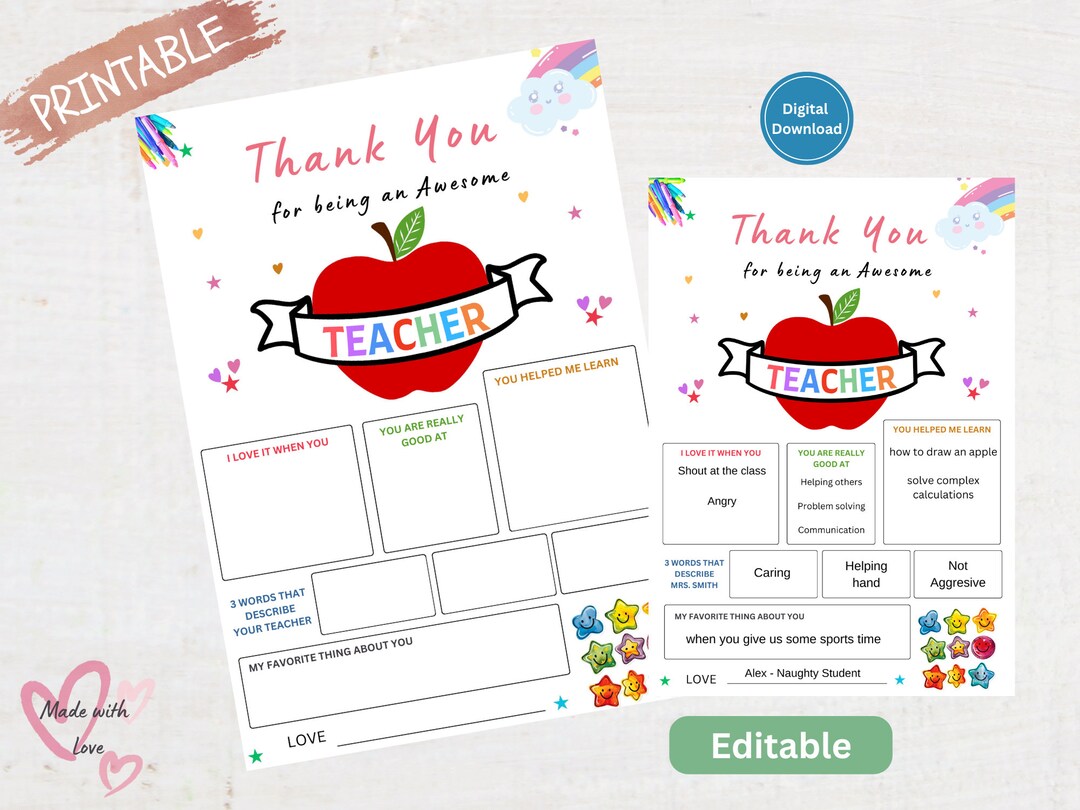 Editable Teacher Appreciation Gift, Thank You Teacher Gift, All About ...