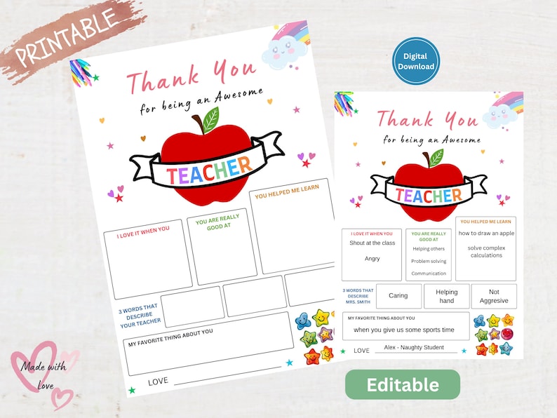 Editable Teacher Appreciation Gift, Thank You Teacher Gift, All About ...
