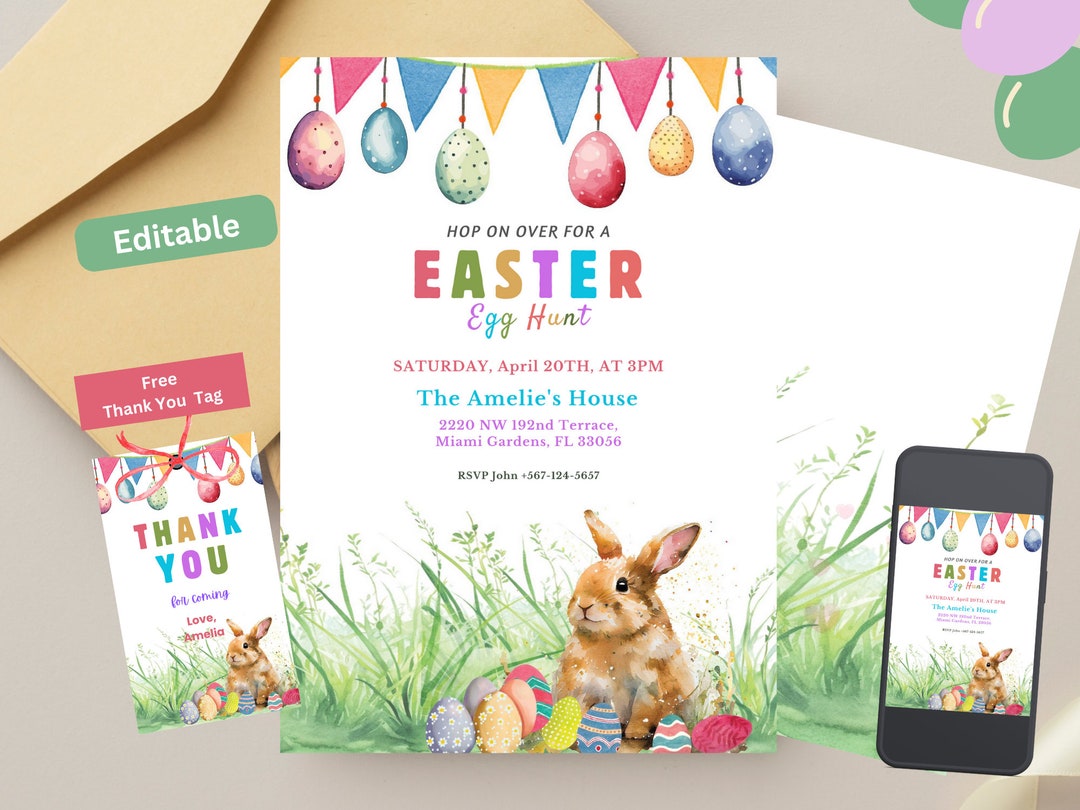Editable Easter Party Invitation, Printable Bunny, Easter Egg Hunt ...