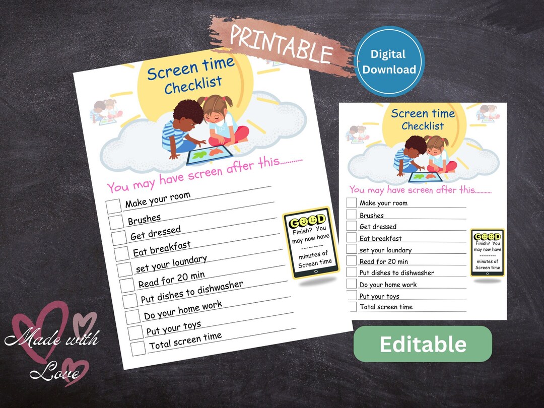 Editable Screen Time Checklist for Kids Responsibility Chore Chart ...