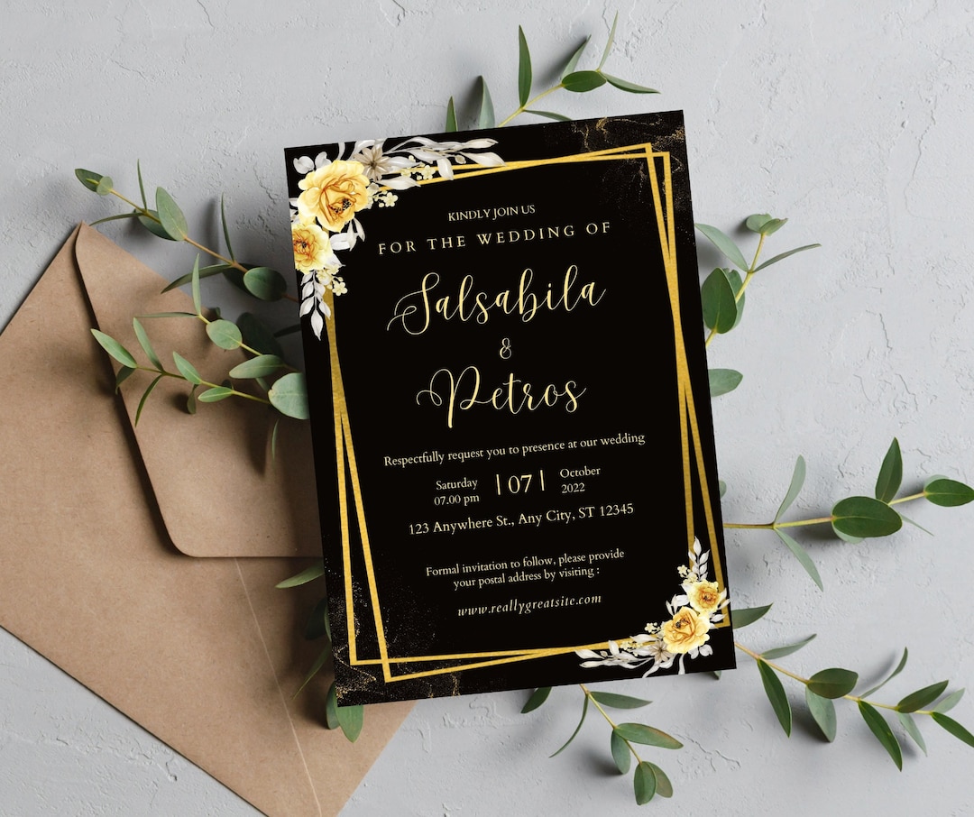 Black Elegant Wedding Invitation, Printable Wedding Card, Editabel ...
