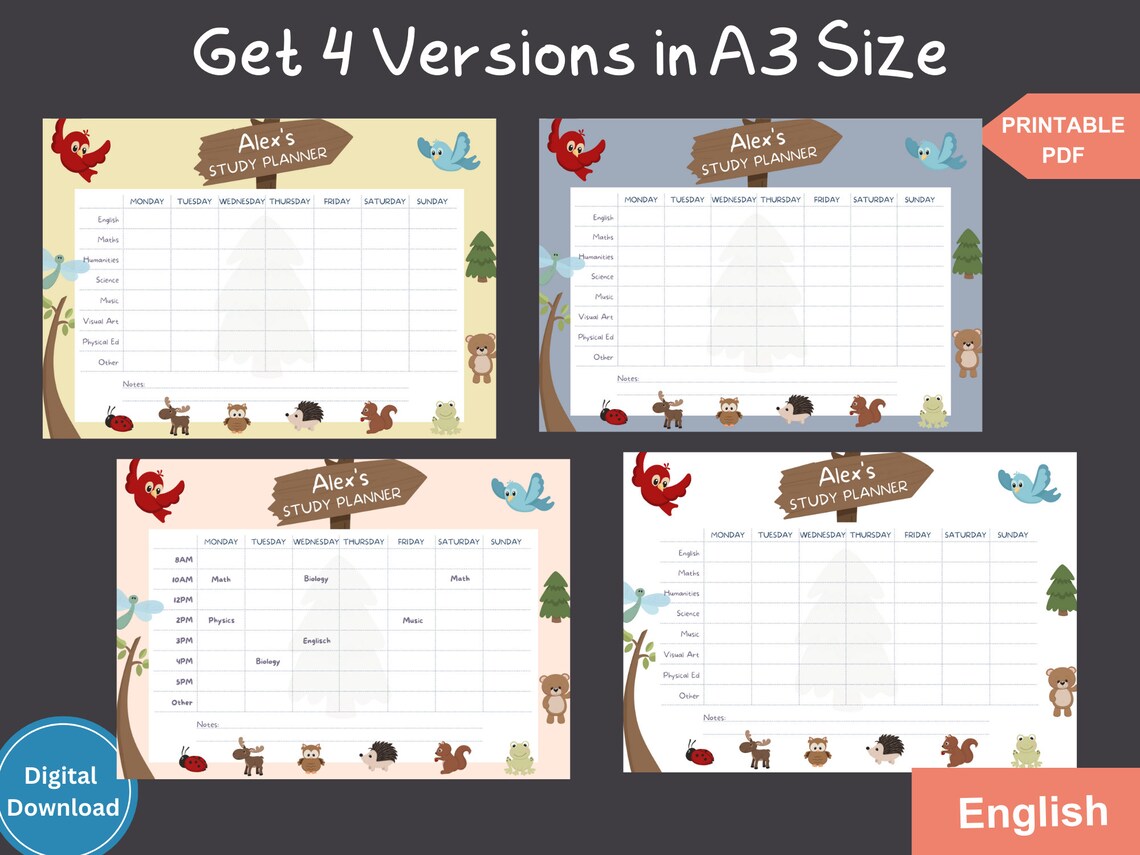 Personalize Timetable Animal Printable | Woodland Design | Study ...