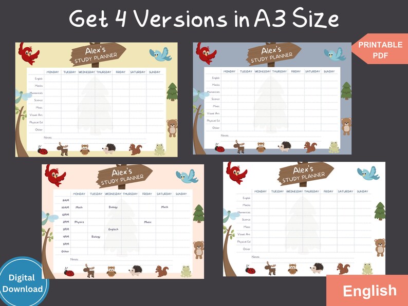 Personalize Timetable Animal Printable | Woodland Design | Study ...