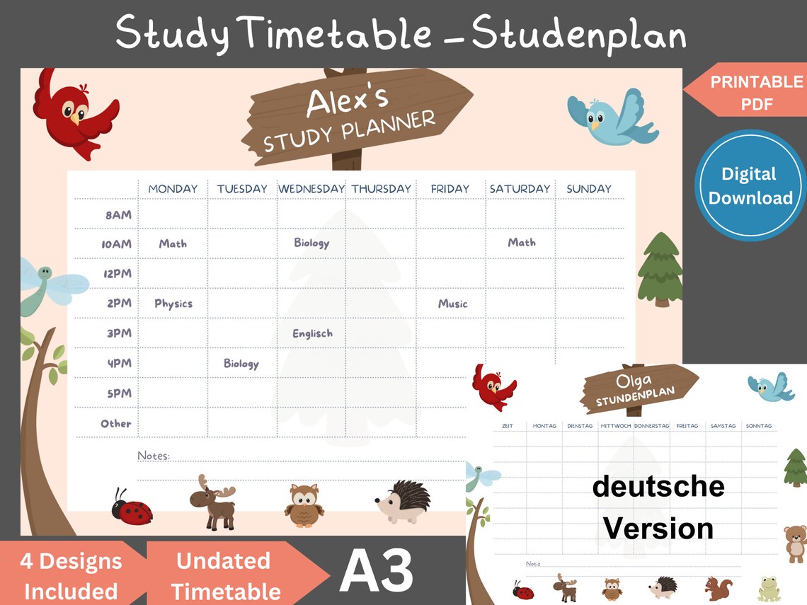 Personalize Timetable Animal Printable | Woodland Design | Study ...