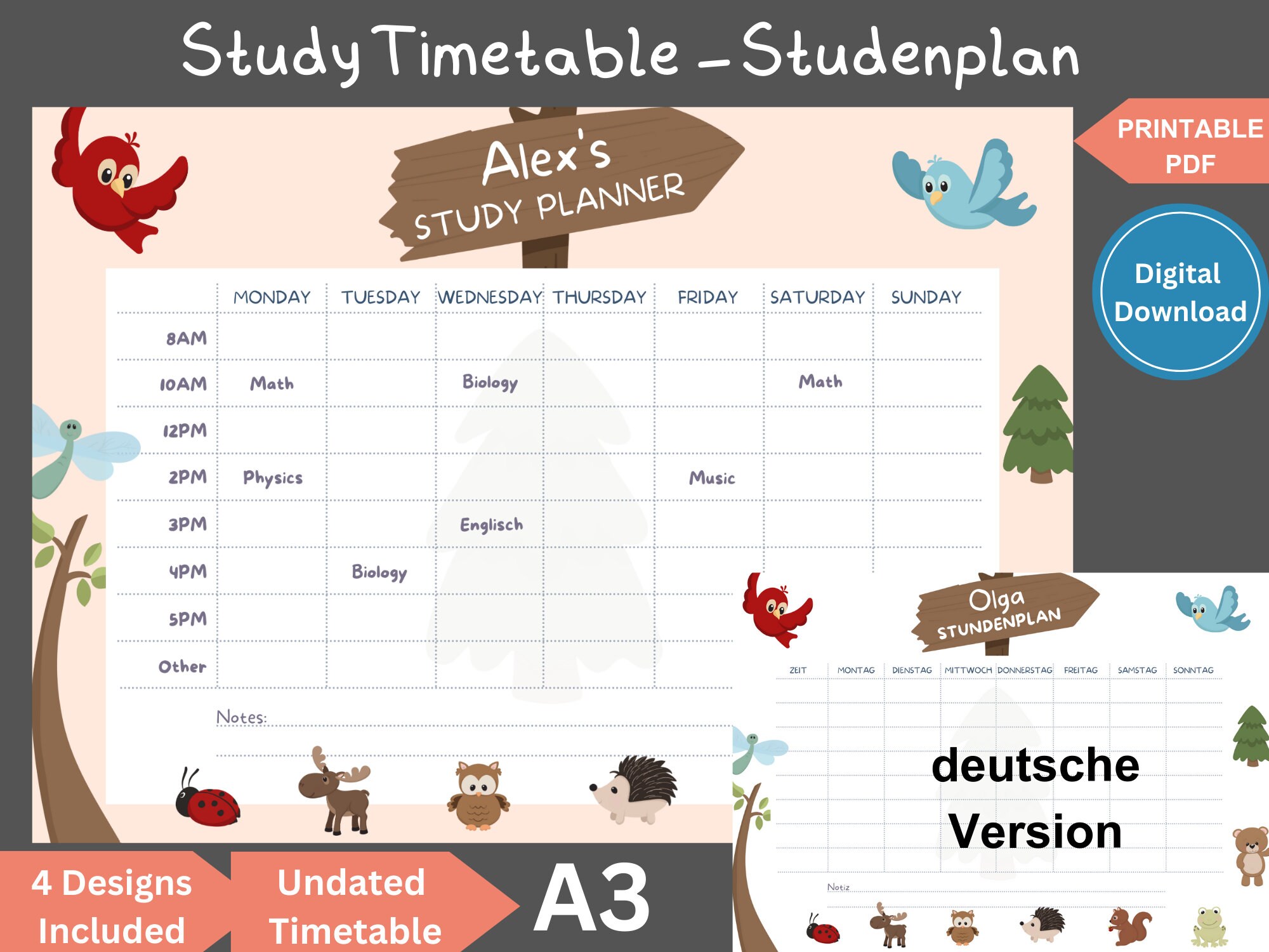 Personalize Timetable Animal Printable Woodland Design Study Schedule ...