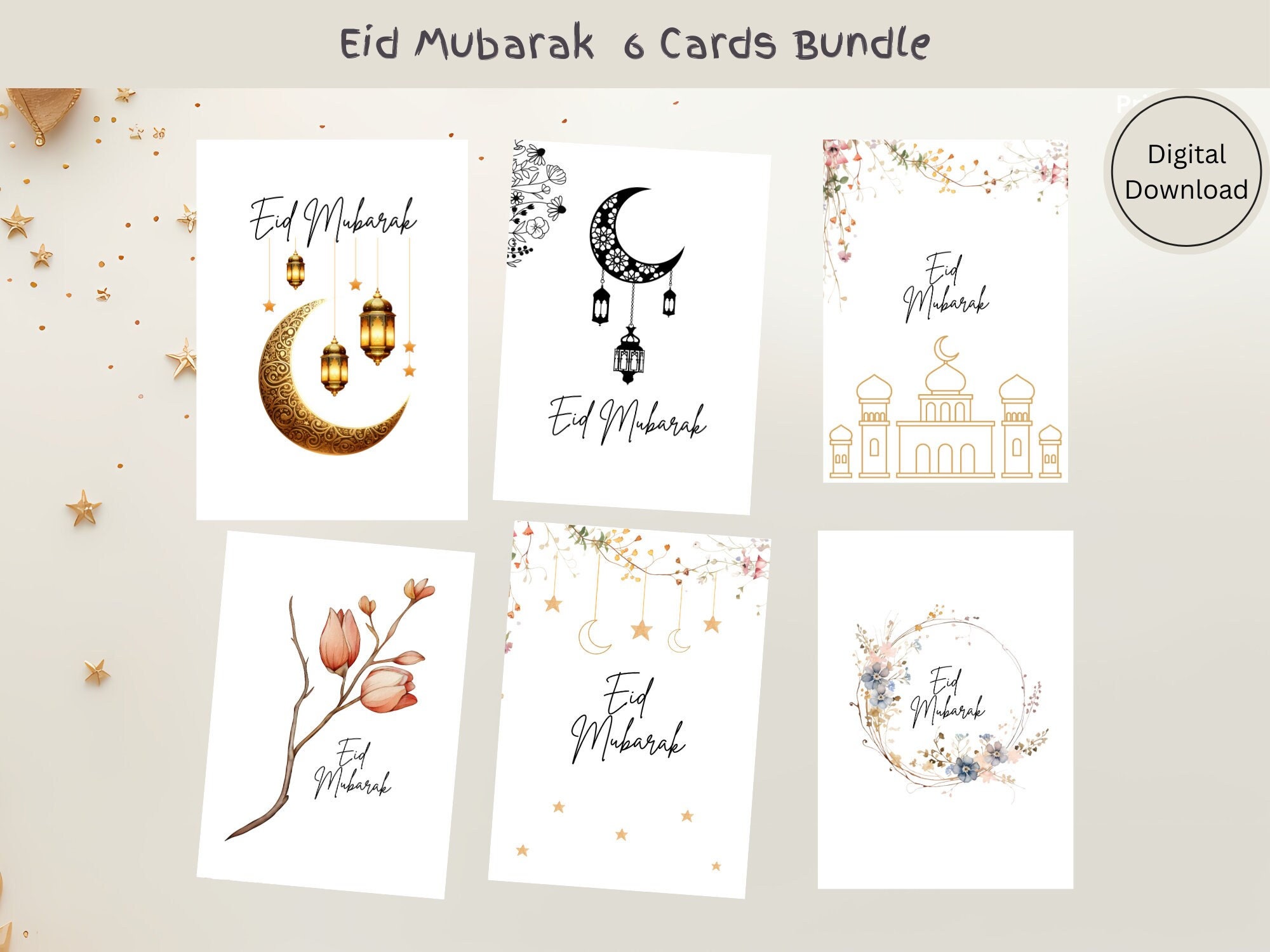 Printable Eid Mubarak Cards, Islamic Greeting Cards, Boho Eid Greetings Cards, Digital Cards ...