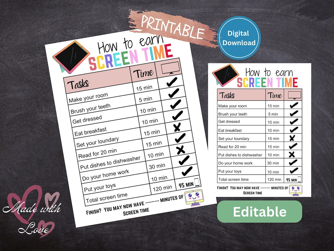 How to Earn Screen Time Checklist for Kids | Chore Chart Printable ...