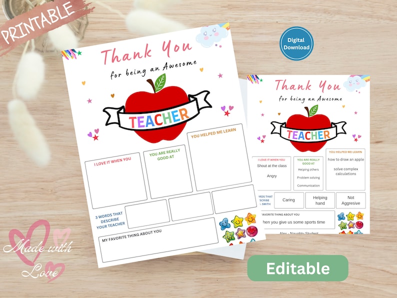 Editable Teacher Appreciation Gift, Thank You Teacher Gift, All About ...
