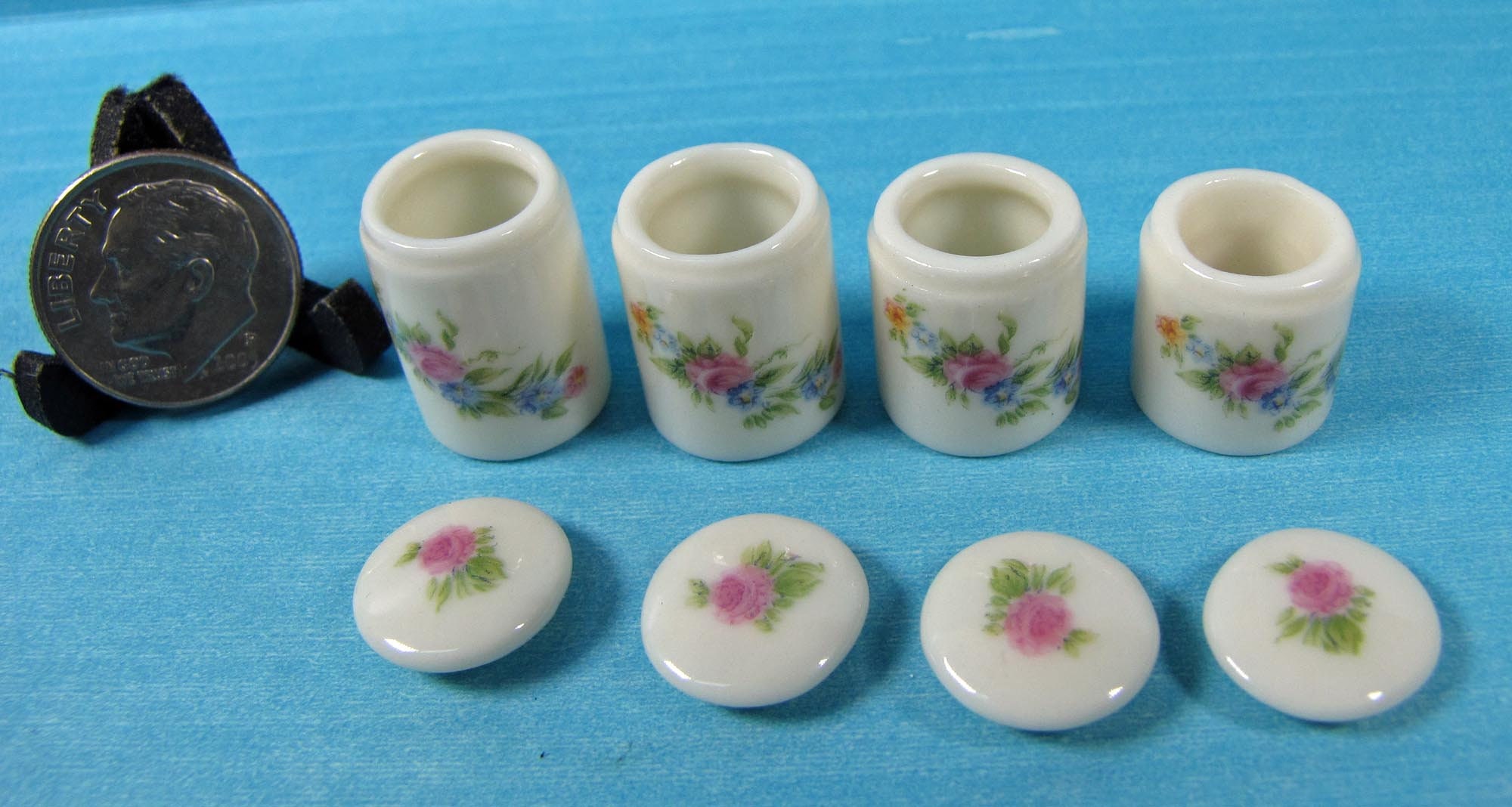 Mini Dollhouse Canister Set 4 Pc. W/lids 5/8 3/4 Handcrafted Porcelain ...