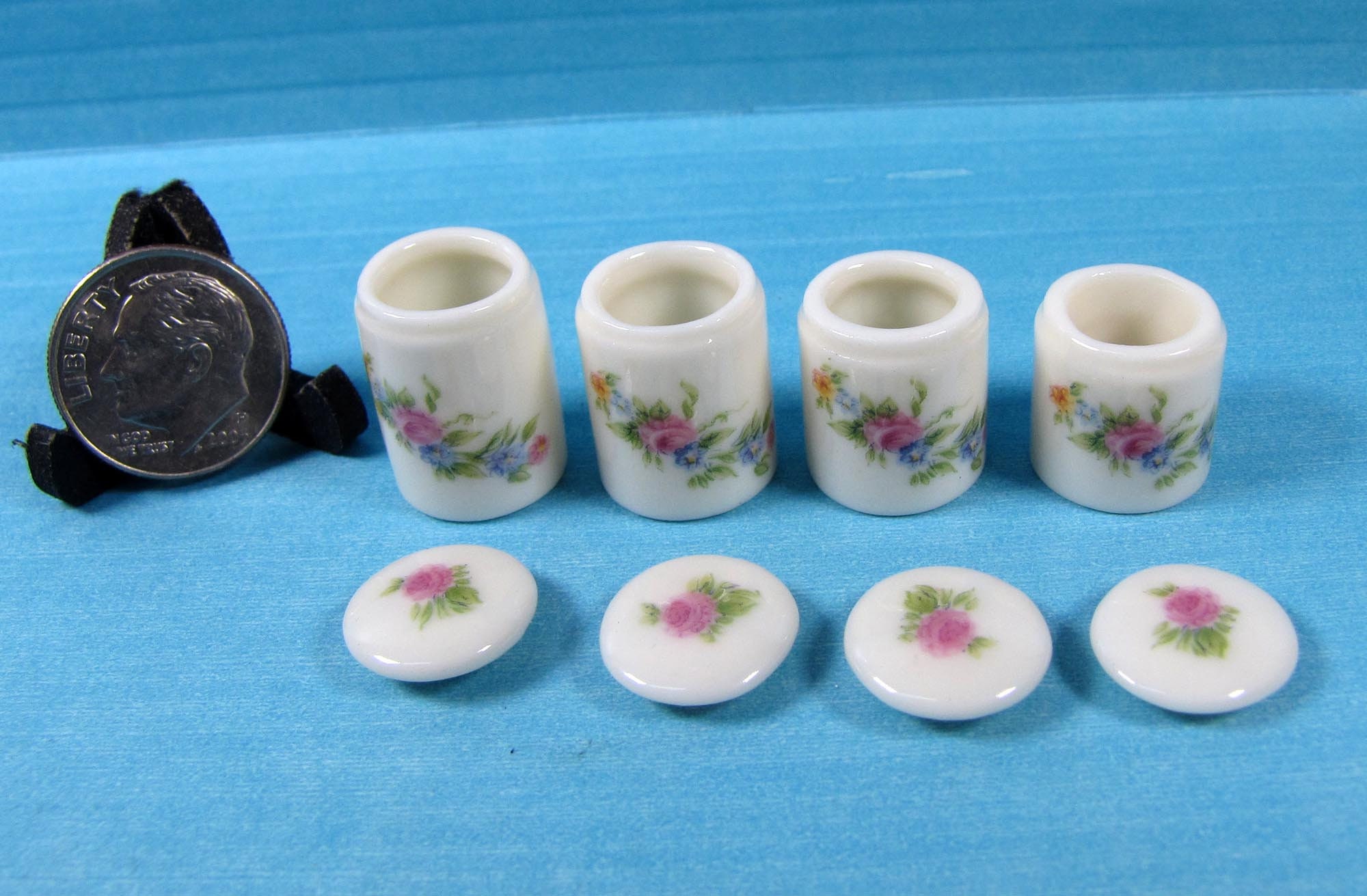 Mini Dollhouse Canister Set 4 Pc. W/lids 5/8 3/4 Handcrafted Porcelain ...
