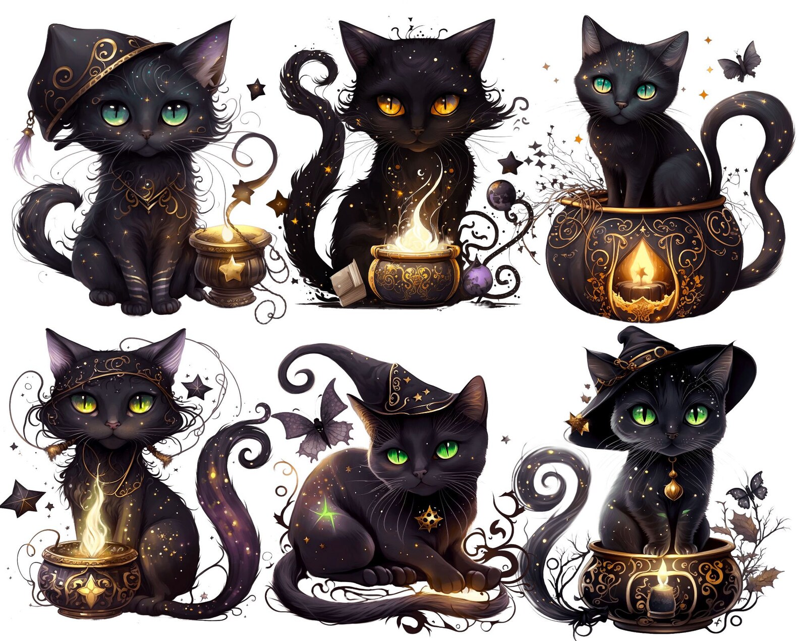 Halloween Cats PACK Clipart PNG Witchy Clipart Black Cats Clipart ...