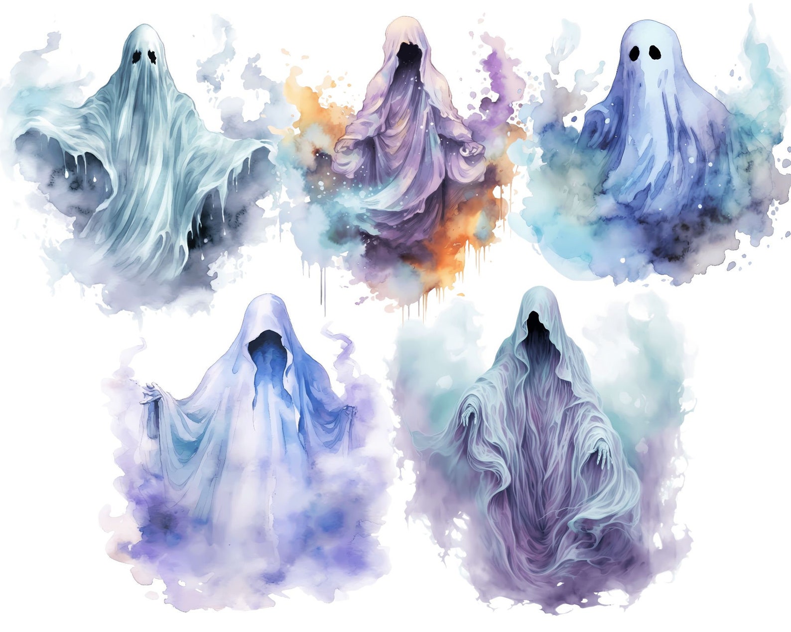 Watercolor Ghost Clipart: Spooky Halloween PNG Images (digital Download ...
