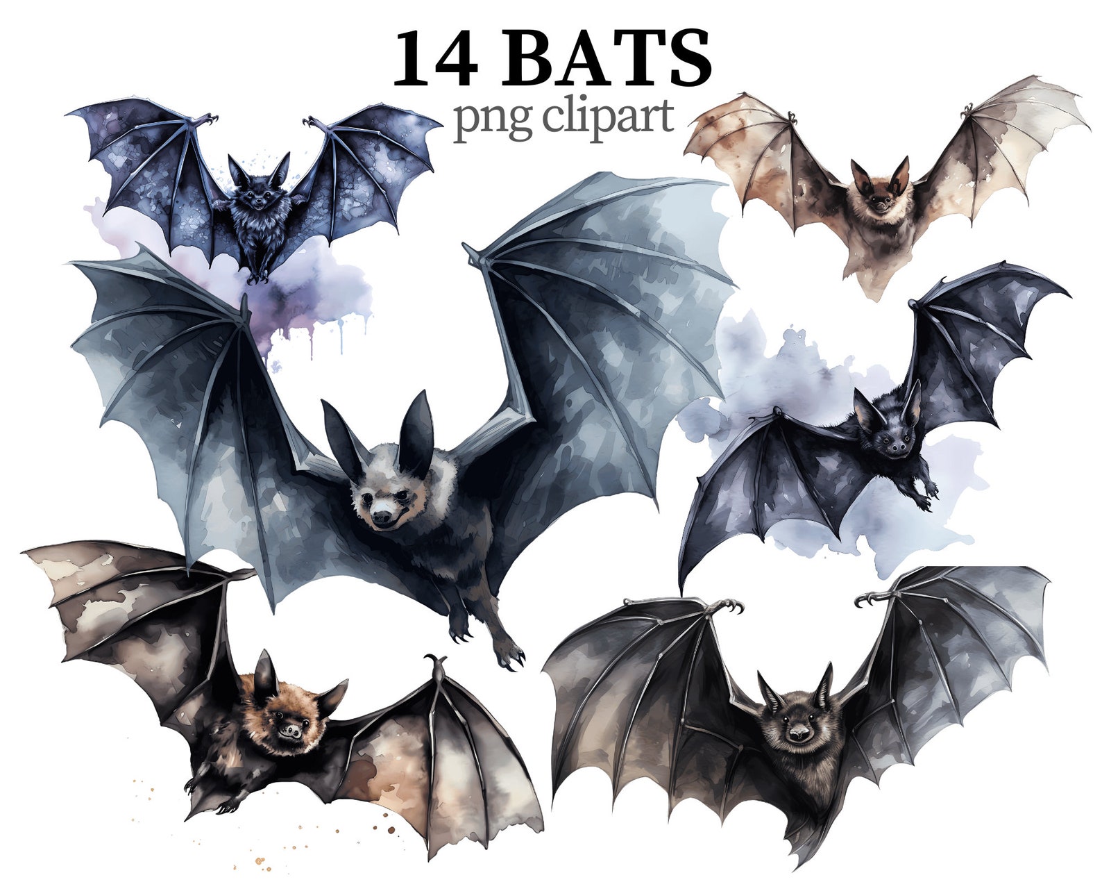 Watercolor Bats Clipart Halloween PNG Spooky Bat Halloween Decor Gothic ...