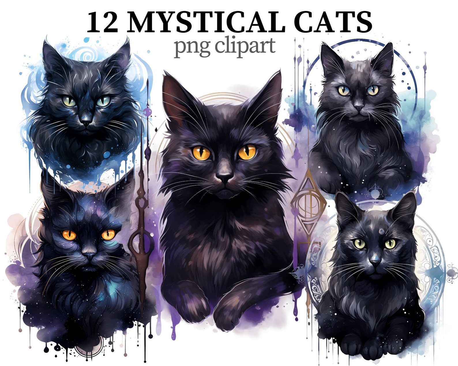 Mystical Cats Clipart Witchy PNG Fantasy Cat Black Clipart Halloween ...