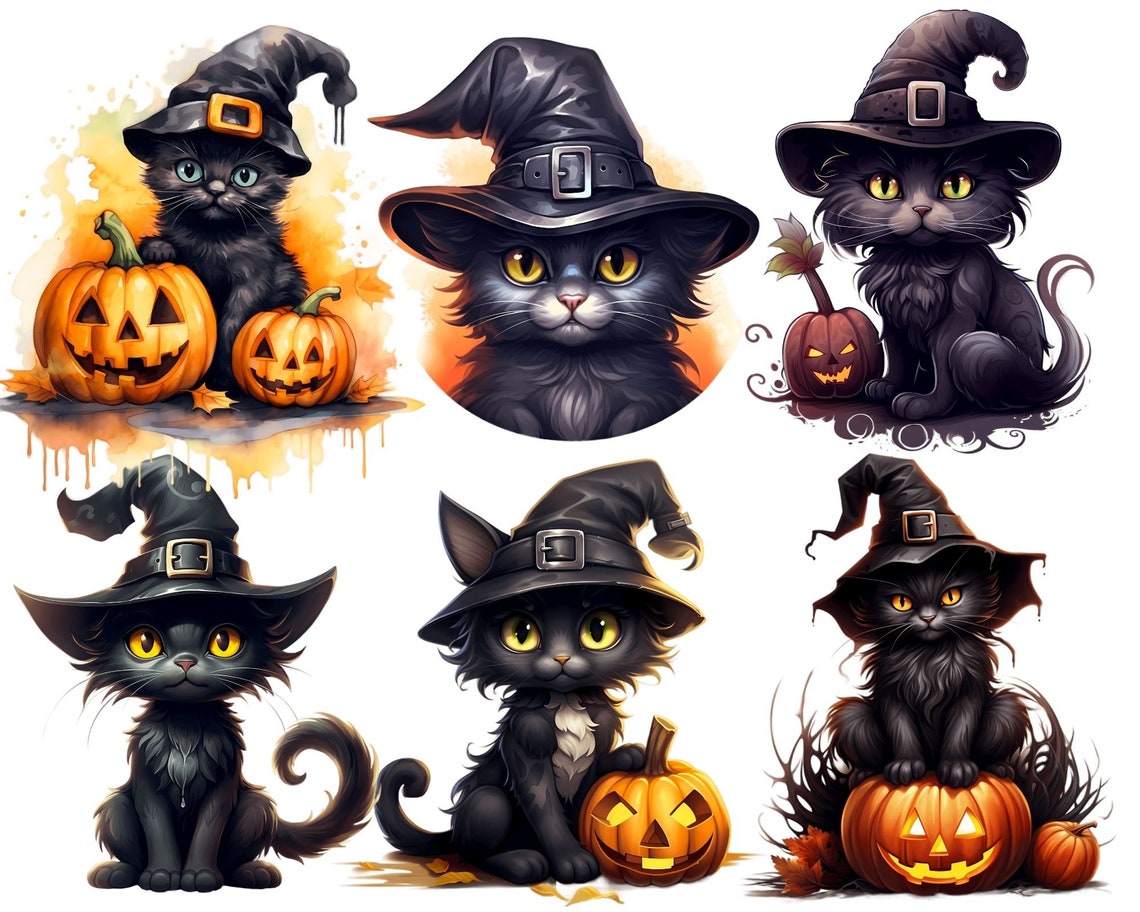 Halloween Cats PACK Clipart PNG Witchy Clipart Black Cats Clipart ...