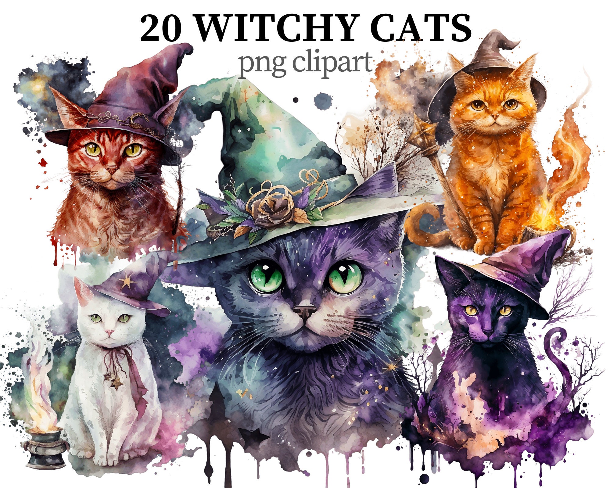 Witchy Cats Watercolor Clipart: Halloween Fantasy Animals (PNG Digital ...
