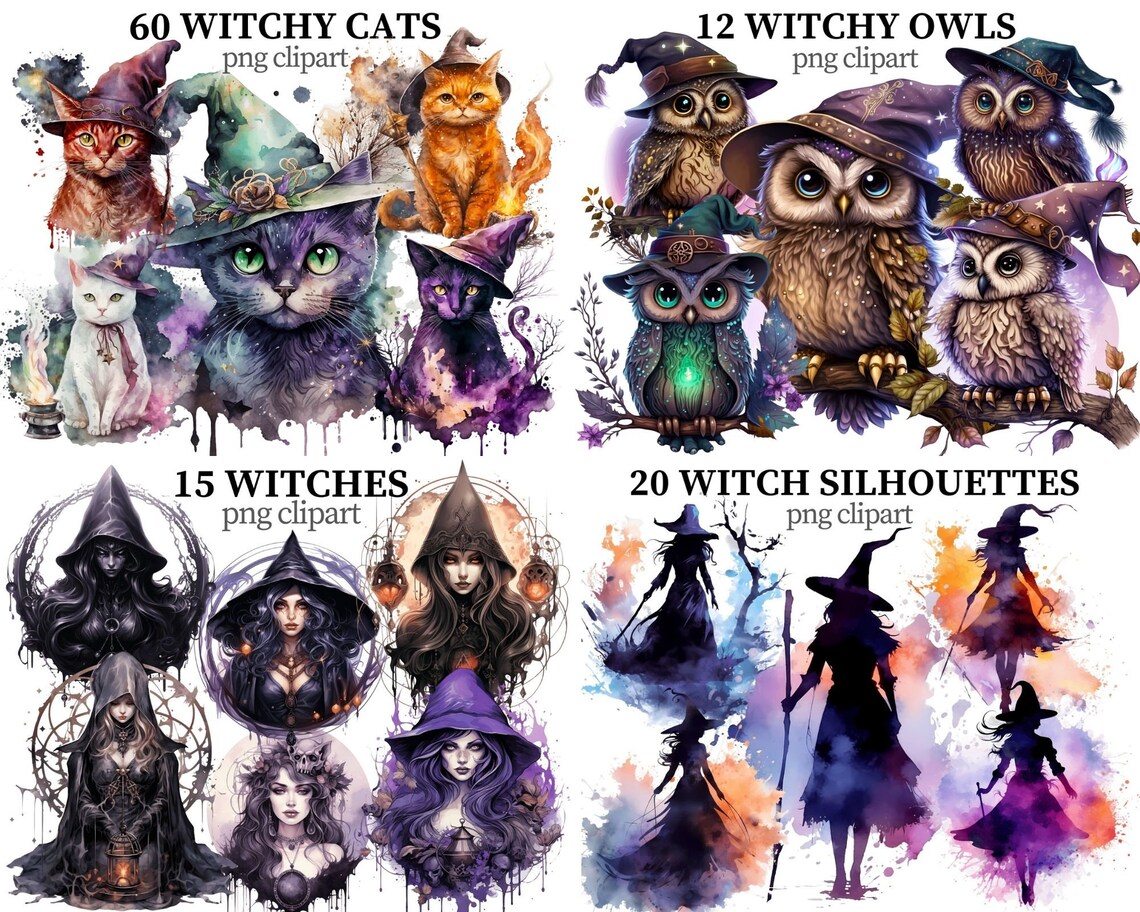 Witchy Clipart PACK Mystical PNG Witches Set Halloween Dark Magic ...