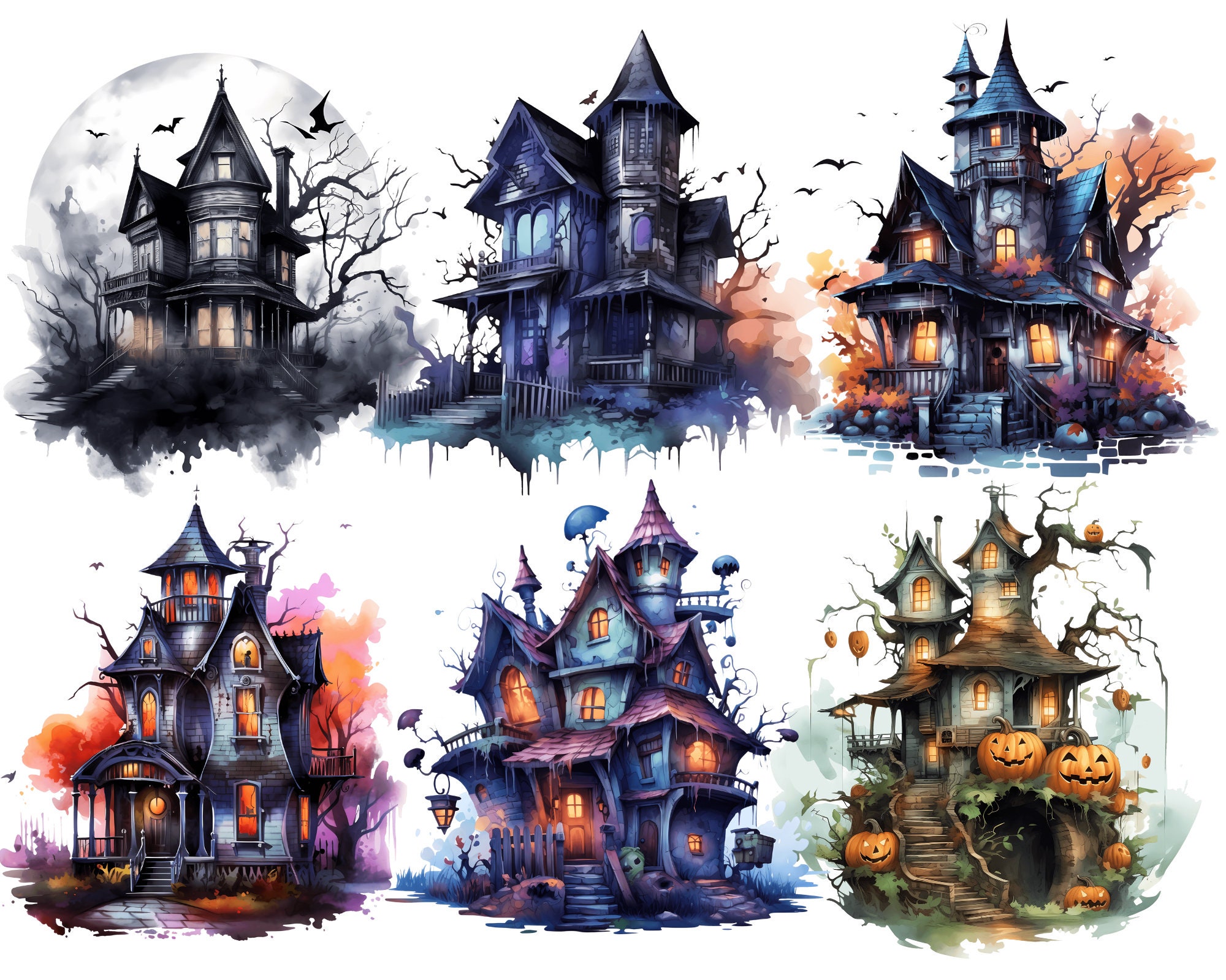 Halloween House Clipart Haunted House PNG Spooky Watercolor Clipart ...