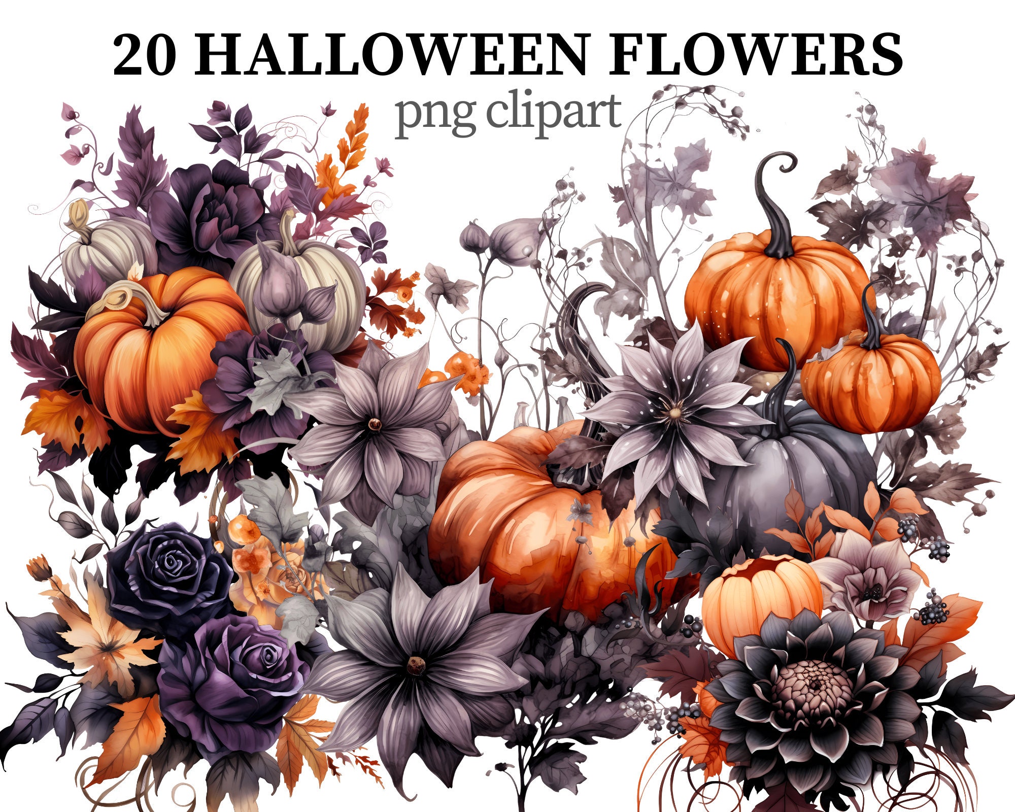 Halloween Flowers Clipart: Mystical Gothic Floral PNG (digital Download ...
