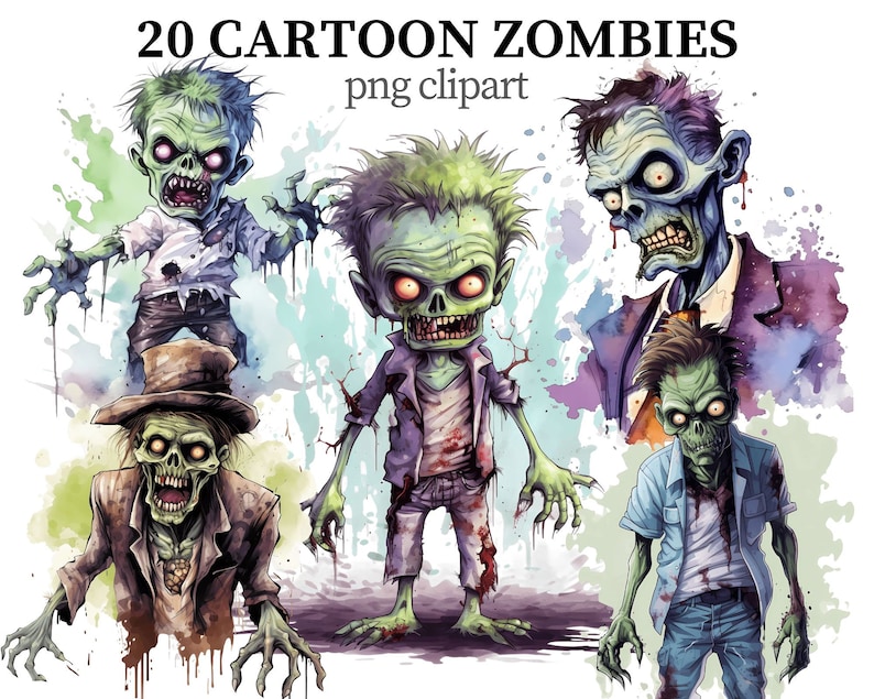 Cartoon Zombie Clipart: Watercolor Halloween PNG Images (digital ...