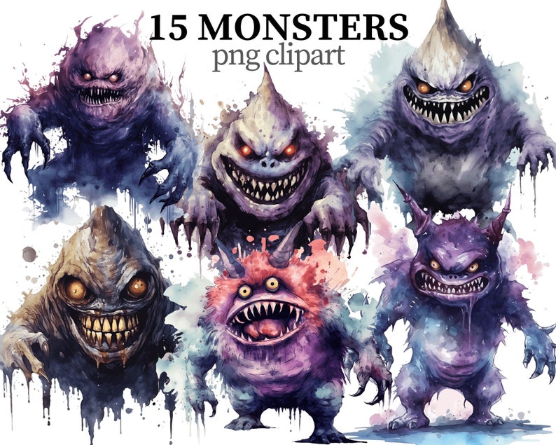 Watercolor Monster Clipart: Spooky Halloween PNG Images (digital ...