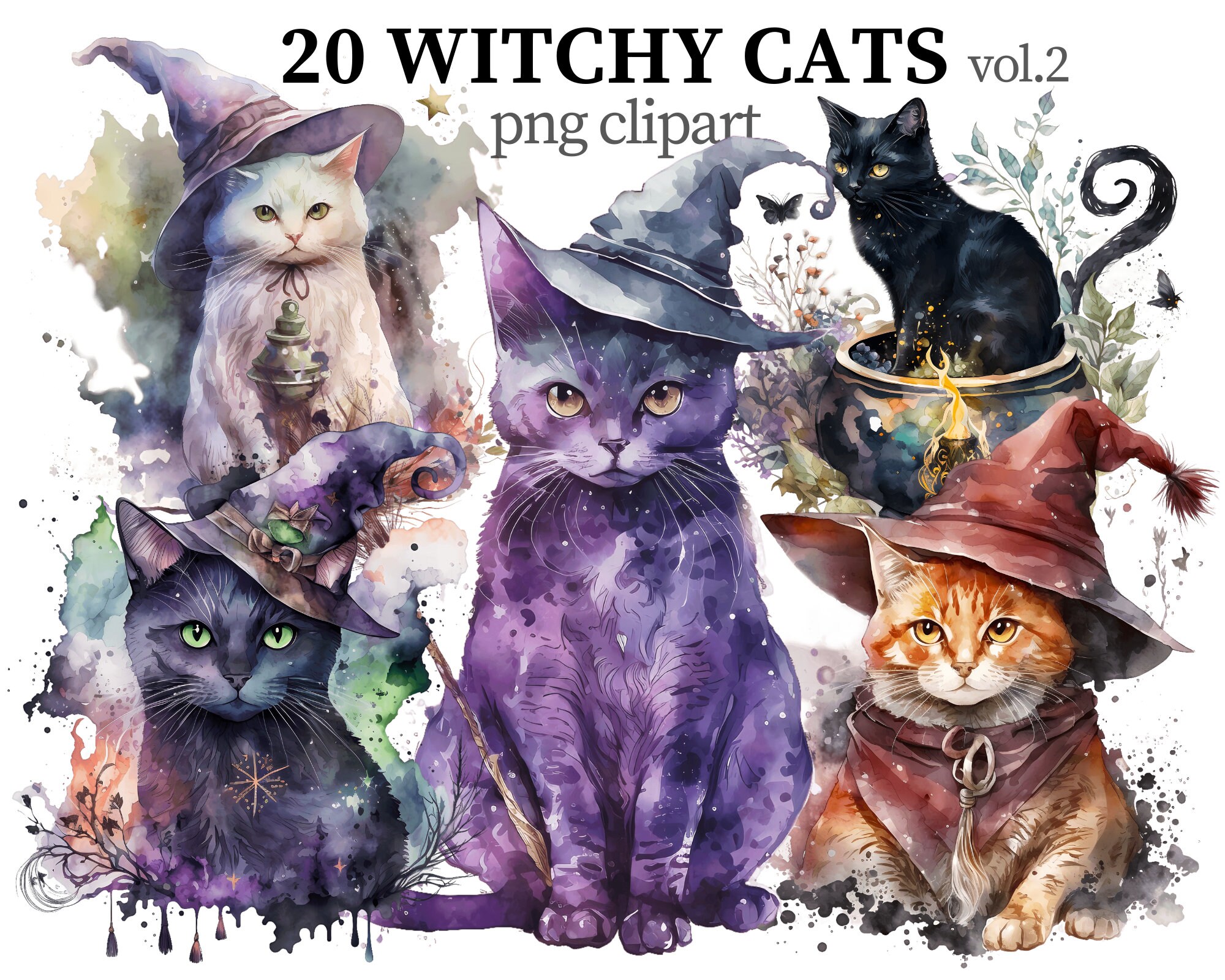 Witchy Cats Clipart Halloween PNG Witch Cat Watercolor Magic Fantasy ...