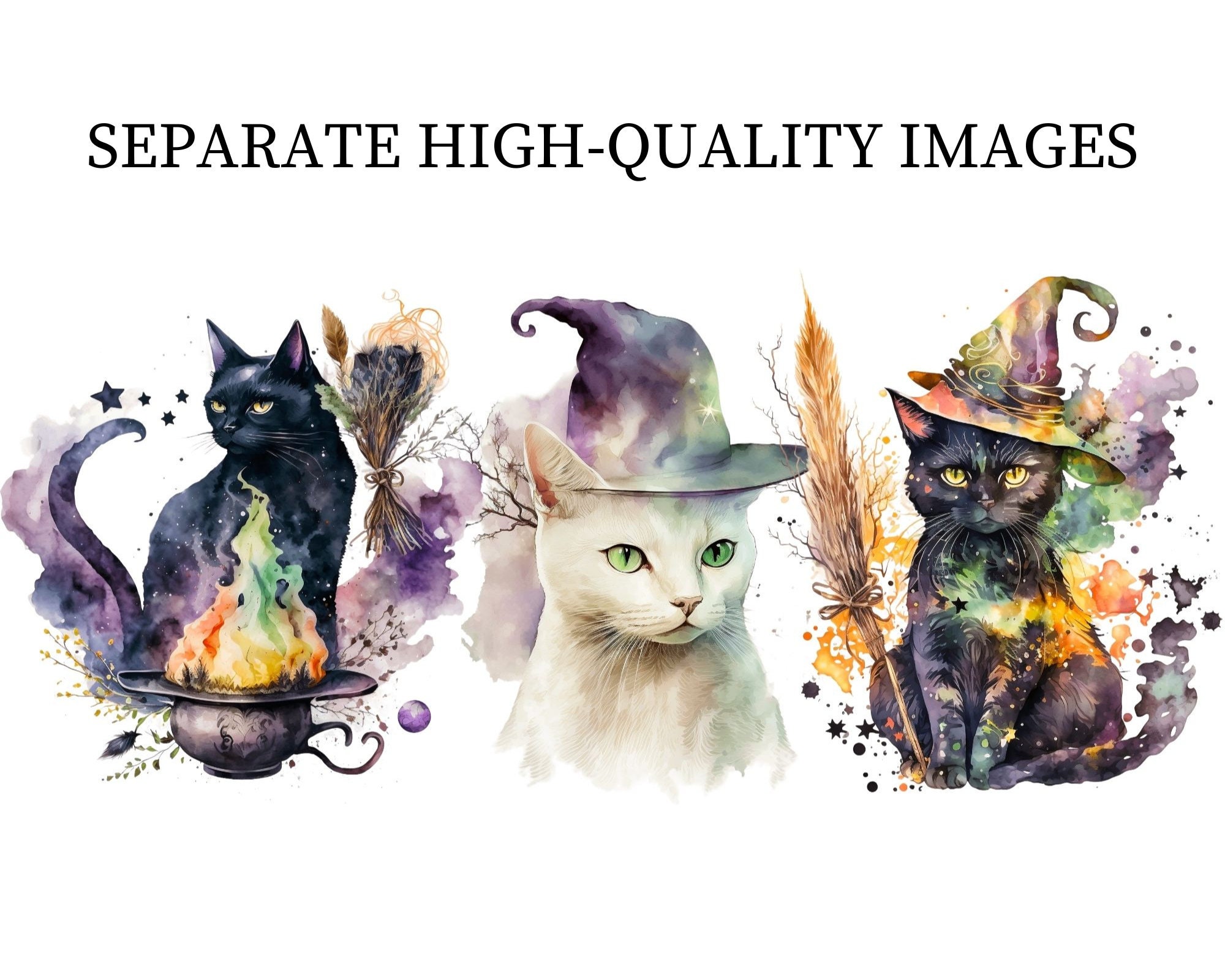 Witchy Cats Watercolor Clipart: Halloween Fantasy Animals (PNG Digital ...