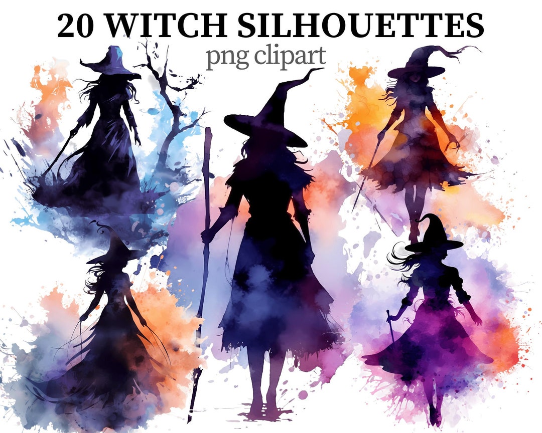 Witch Silhouette Clipart Watercolor PNG Mystical Clipart Magic ...