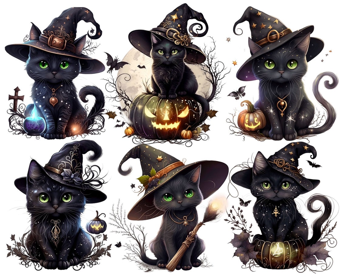 Halloween Cats PACK Clipart PNG Witchy Clipart Black Cats Clipart ...