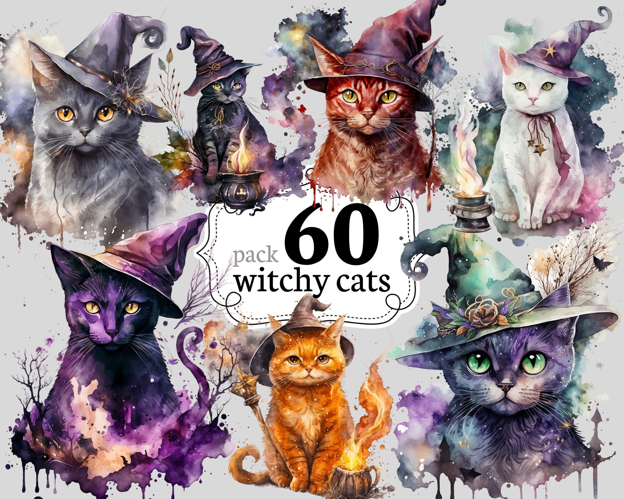 Witch Cats PACK Clipart PNG Halloween Clipart Images Witch Art ...