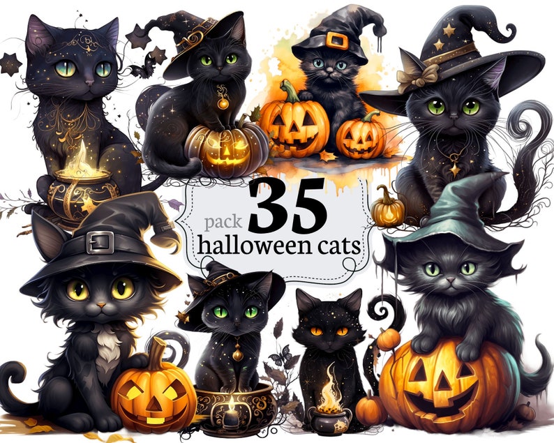 Halloween Cats PACK Clipart PNG Witchy Clipart Magical Cat Mystical Png ...