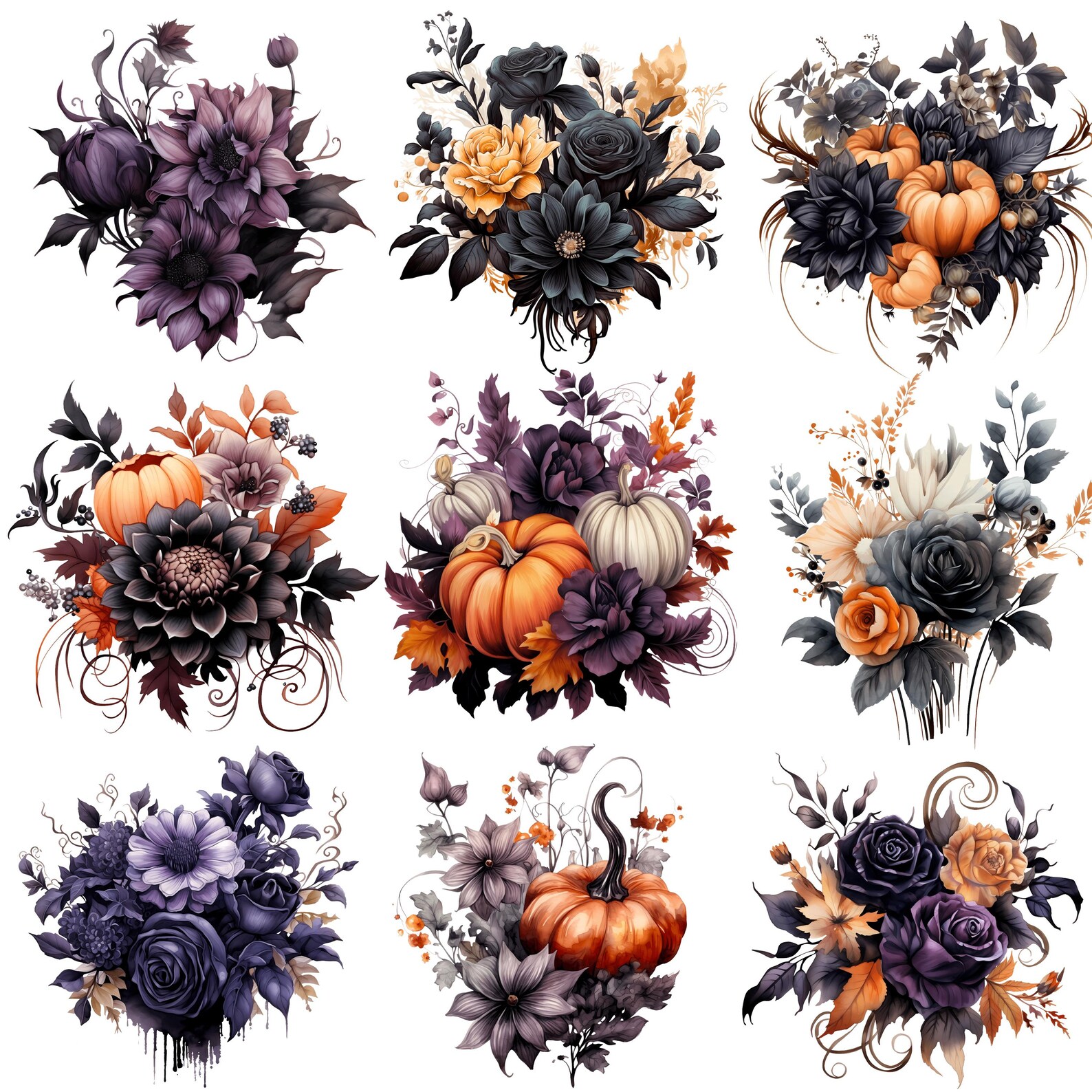 Halloween Flowers Clipart: Mystical Gothic Floral PNG (digital Download ...