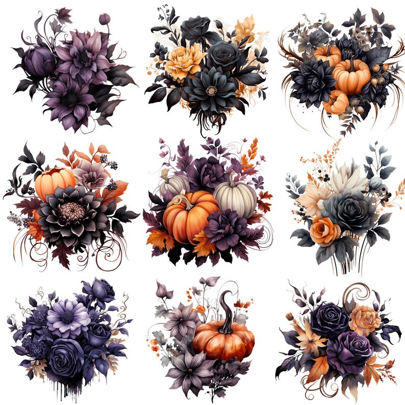 Halloween Flowers Clipart: Mystical Gothic Floral PNG (digital Download ...