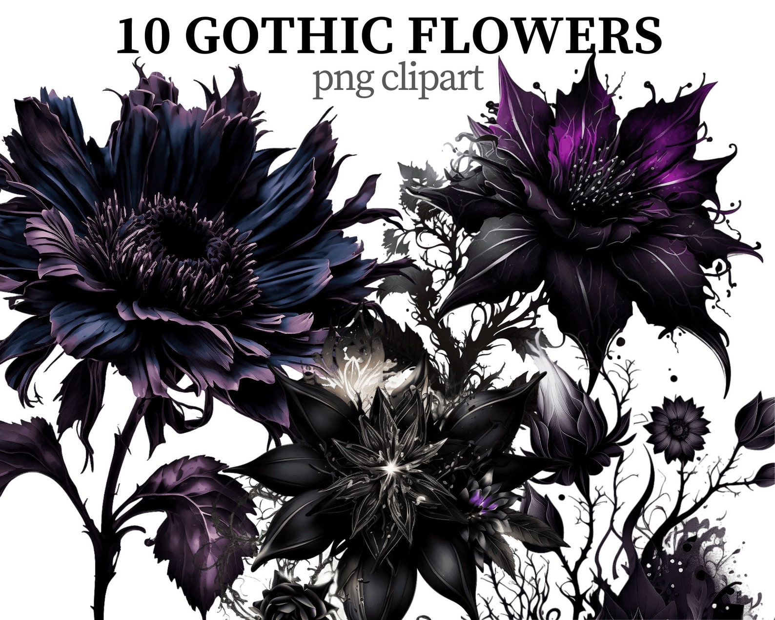 Gothic Flowers Clipart: Dark Fantasy Floral PNG Images (digital ...