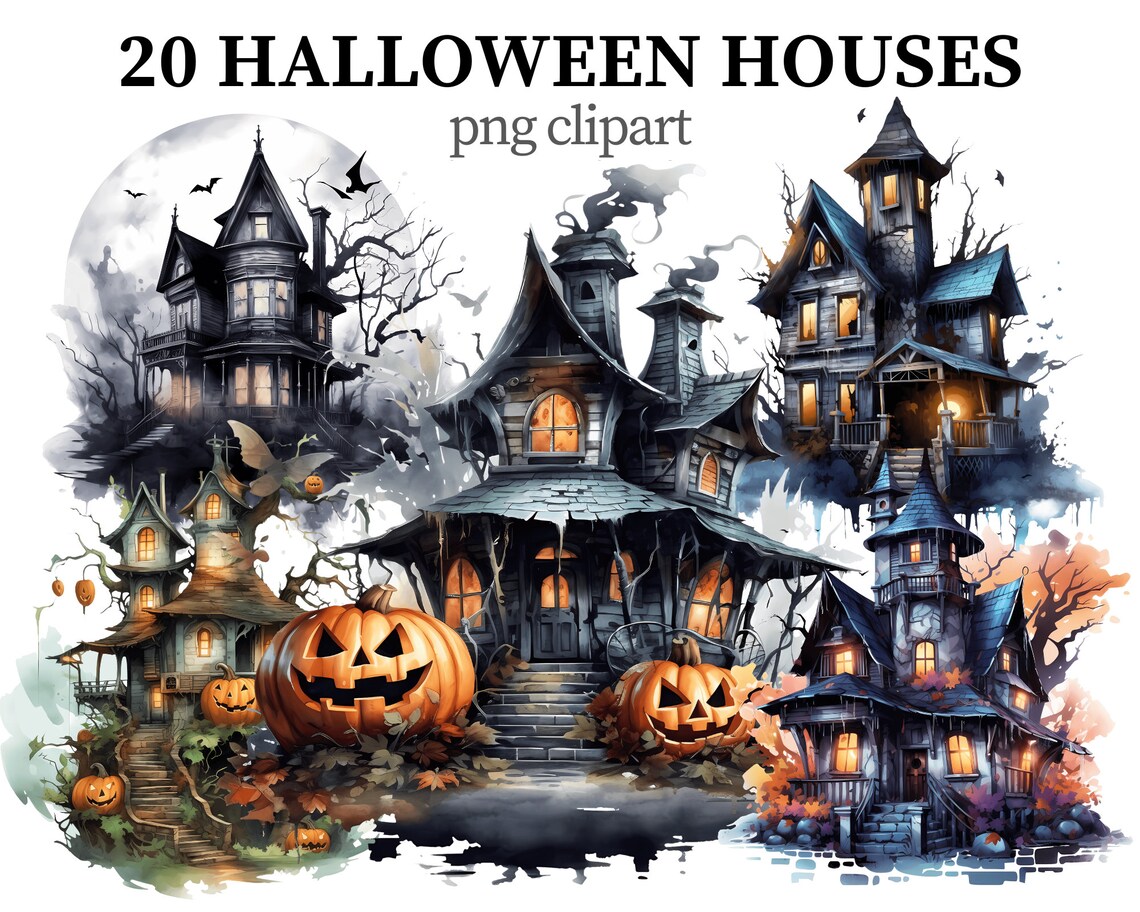 Halloween House Clipart Haunted House PNG Spooky Watercolor Clipart ...