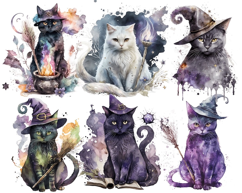 Witchy Cats Clipart Halloween PNG Witch Cat Watercolor Magic Fantasy ...