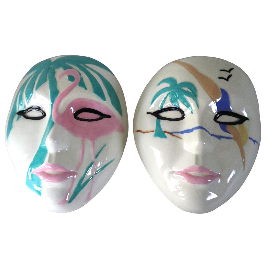Vintage 80s 90s Ceramic Masks Wall Art Hangings Set of 2 Flamingo Diver ...