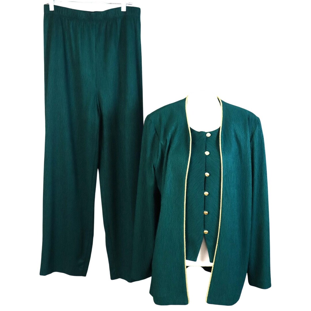 Vintage 90s Lindsey Scott Emerald Green Pant Suit Attached Vest Gold ...