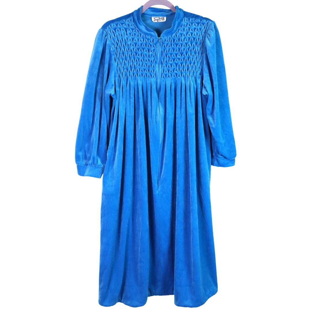 Saybury Vintage Blue Velour Robe Long XL Zip up Pleat Pintuck Bodice ...