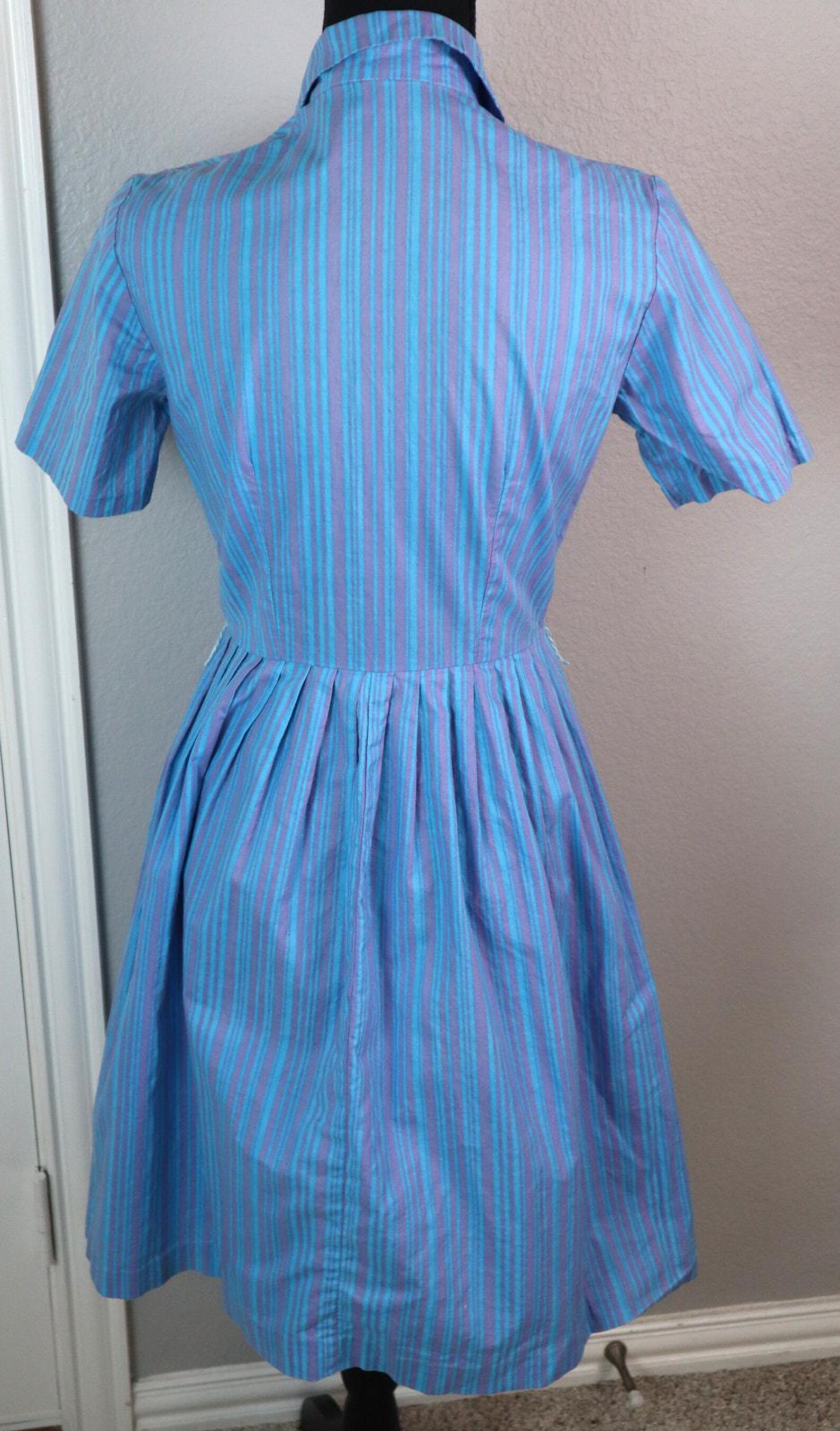 Vintage 50s 60s Blue Striped House Dress Button Front Collar COTTON ...