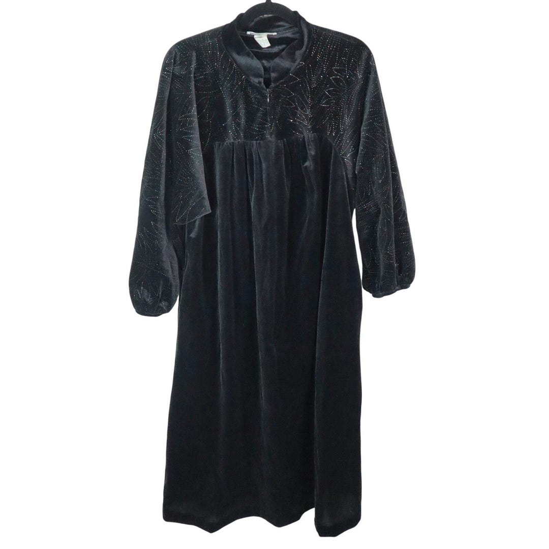 Komar Vintage Black Housecoat Robe Velour Velvet Rhinestone Sparkle Zip ...