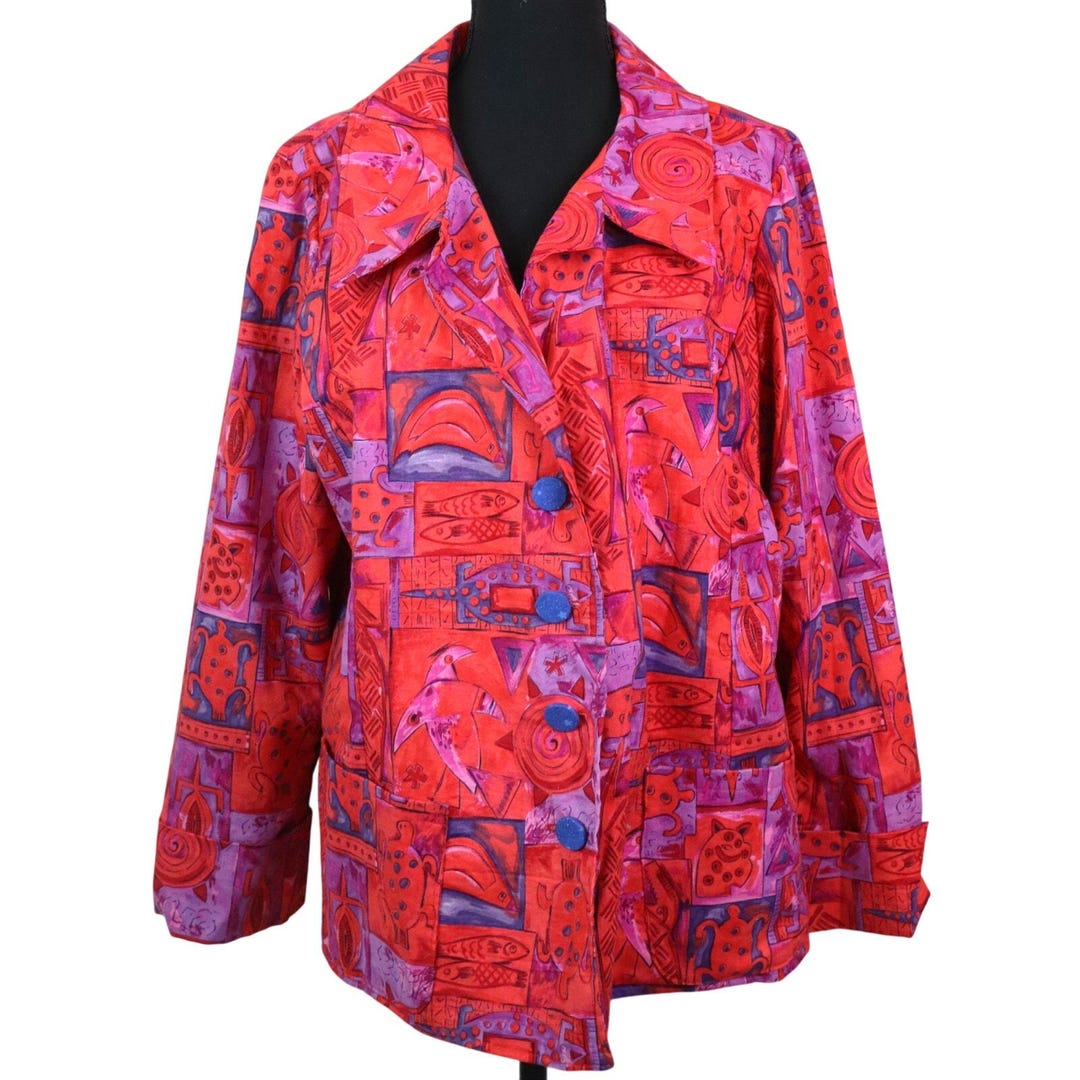 Vintage 80s Neon Pink Purple Jacket Retro Lizard Bird Turtle Fish Large ...