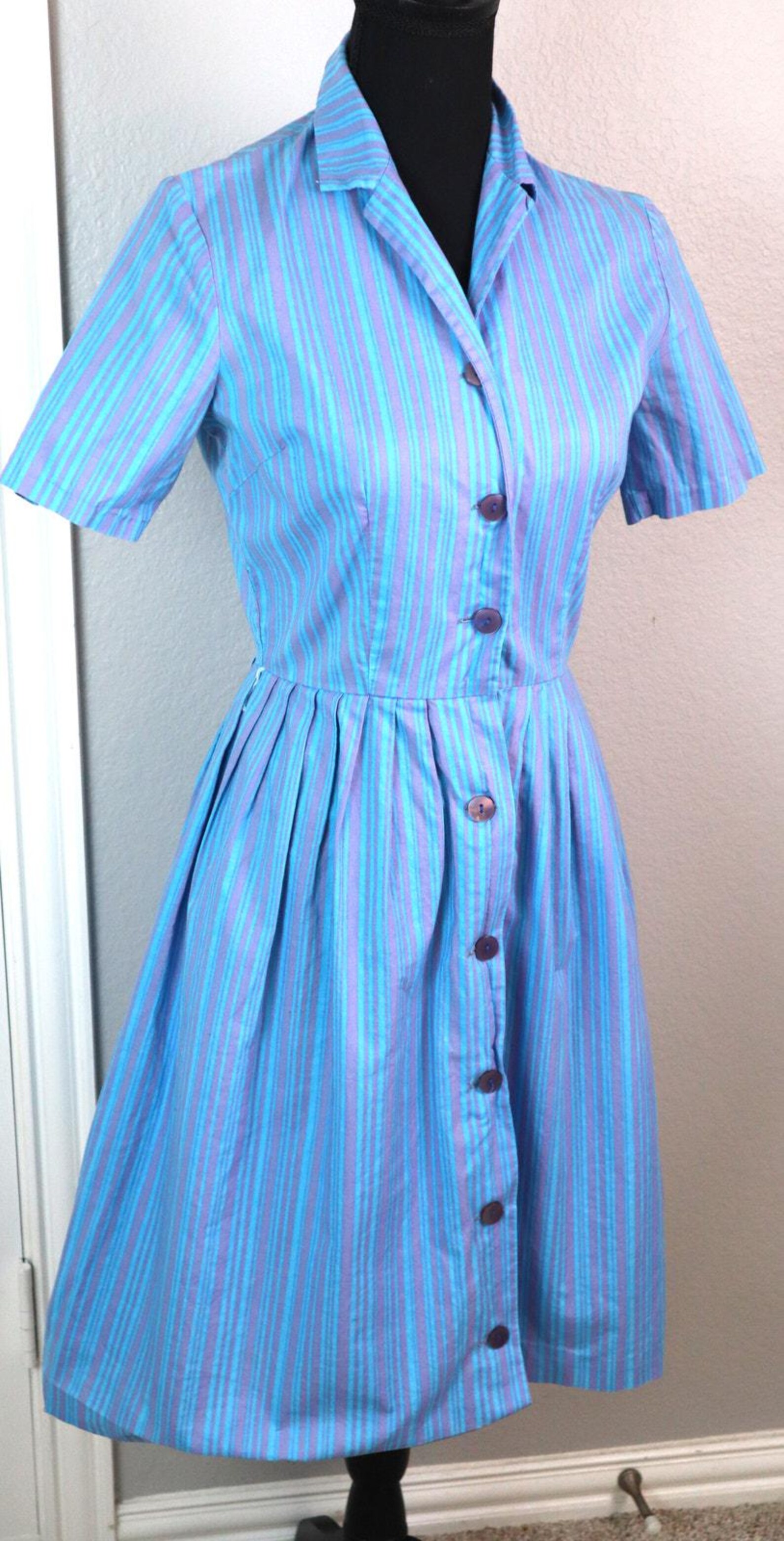 Vintage 50s 60s Blue Striped House Dress Button Front Collar COTTON ...