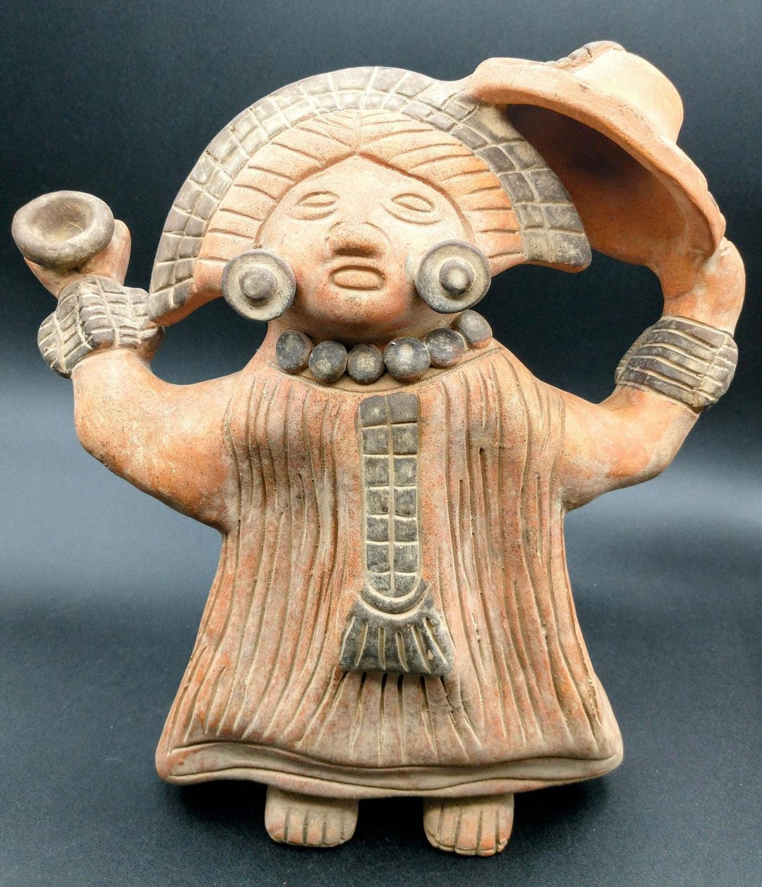 LARGE Vintage Pottery Aztec Maya Terracotta Clay Figurine Hat Torch ...