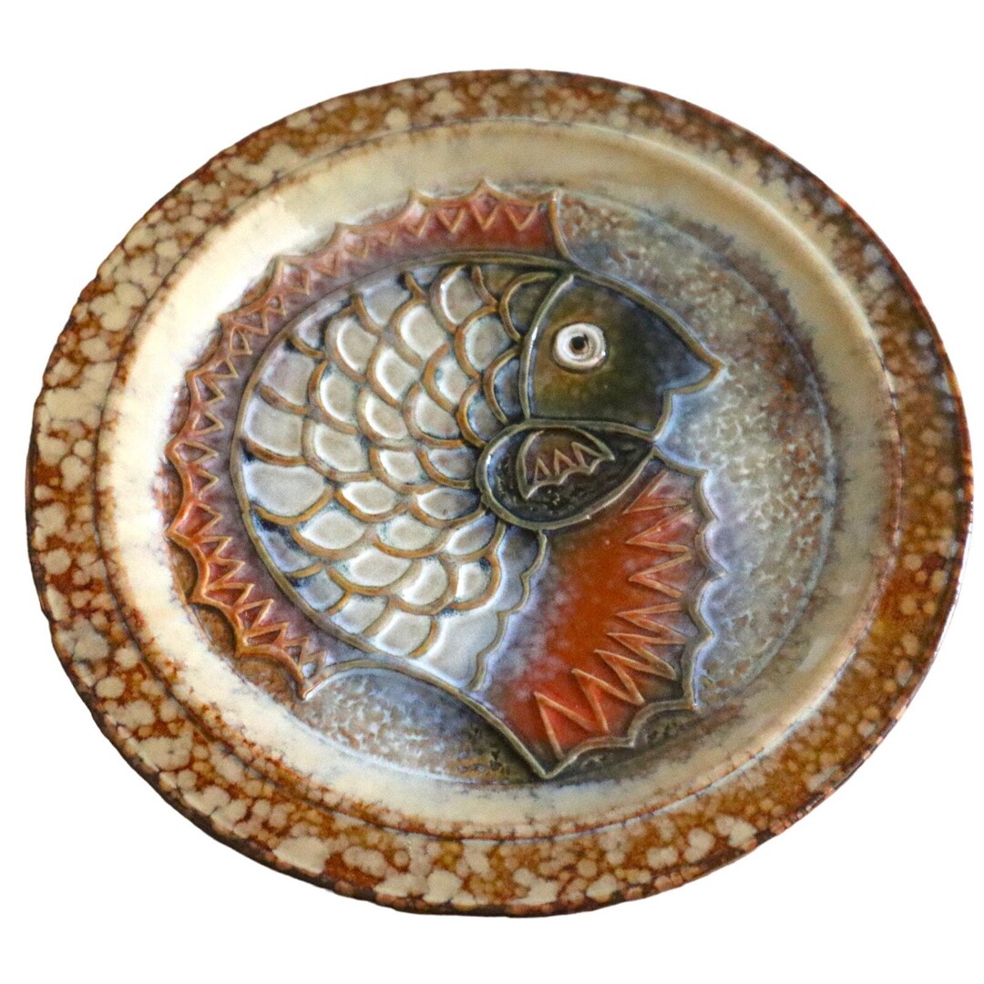 1970s Vintage Koi Fish Pottery Plate Embossed Raised Textured Large ...